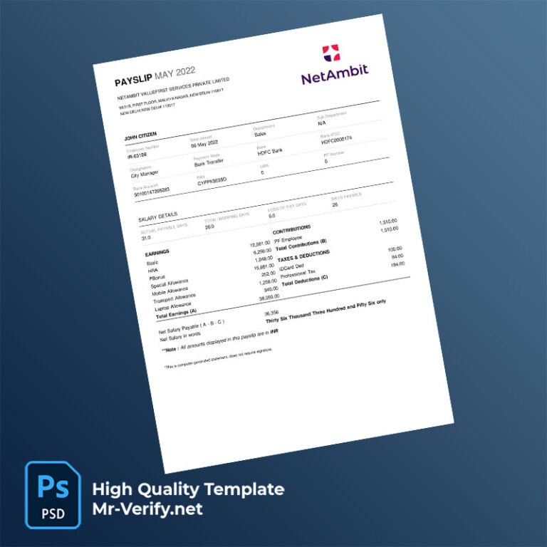 NetAmbit Valuefirst Services Private Limited Payslip Word And Pdf Template