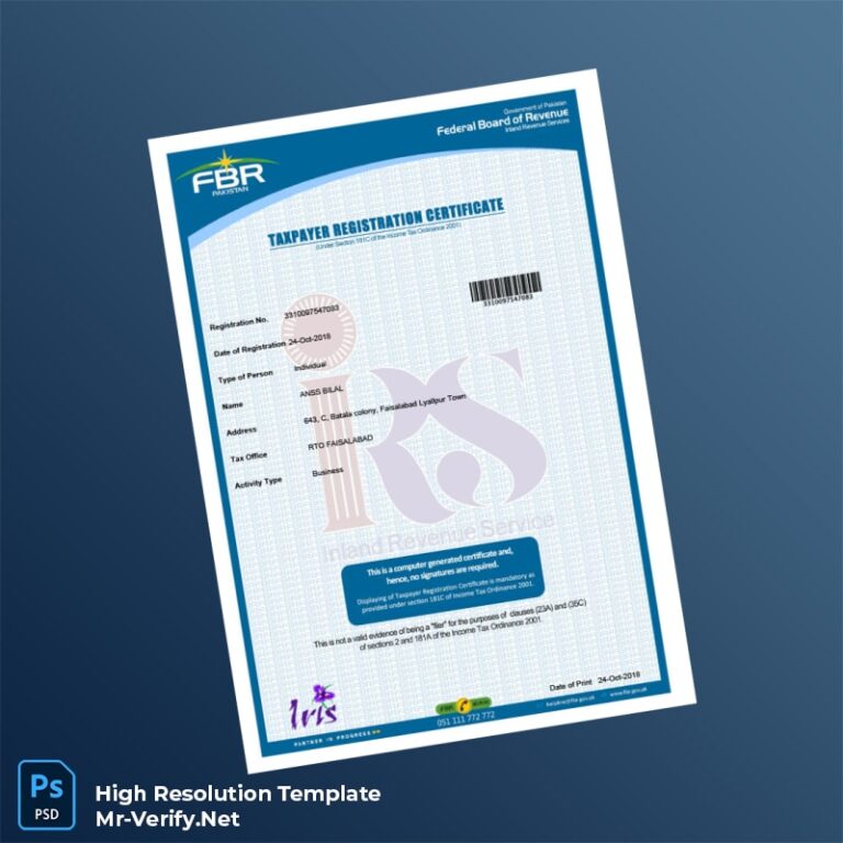 Editable Pakistan Inland Revenue Service Tax Registration Certificate ...
