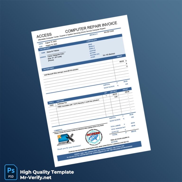 Philippines Access Computer Repair Invoice Template In Word And PDF Formats