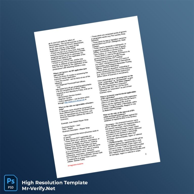 Editable Philippines DTI Business Registration Certificate Template