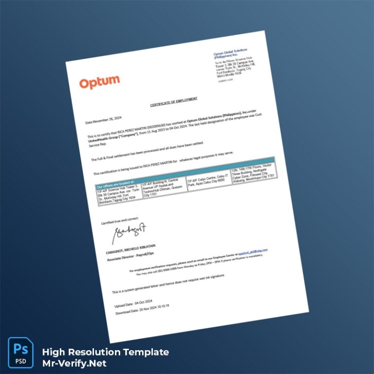 Editable Philippines Optum Global Solutions Employment Verification ...