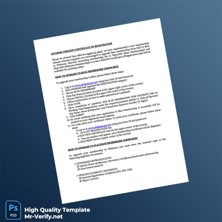 Philippines PhilGEPS Certificate Of Registration Template In Word And ...