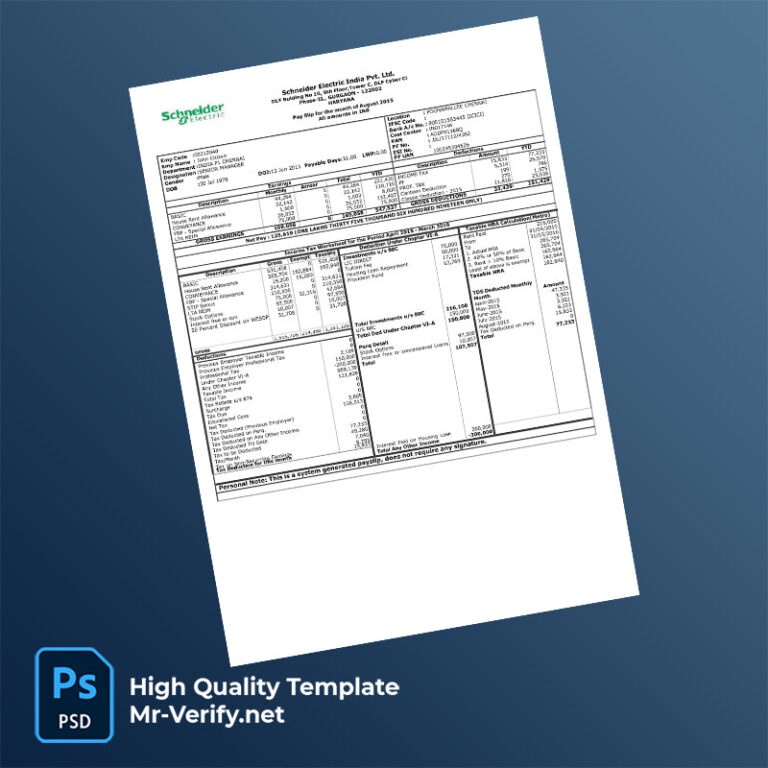 Schneider Electric India Pvt Ltd Payslip Word And Pdf Template