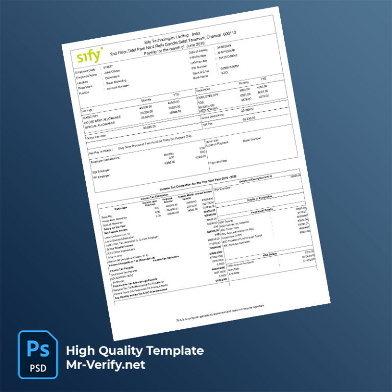 Sify Technologies Limited Payslip Word And Pdf Template