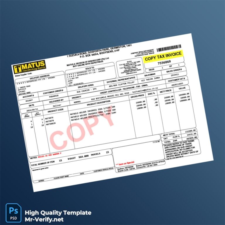 South Africa Matus Tax Invoice Template In Word And PDF Formats