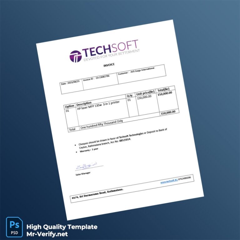 Sri Lanka Techsoft Technologies Invoice Template In Word And PDF Formats