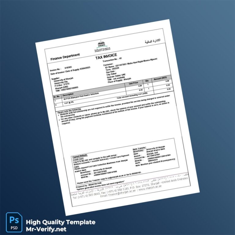 UAE University Of Sharjah Tax Invoice Template In Word And PDF Formats