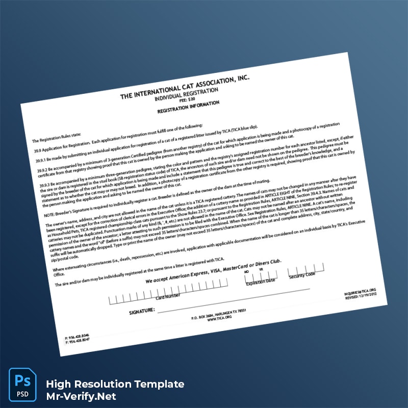 Editable USA TICA Individual Registration Certificate Word And Pdf Template 2 Page