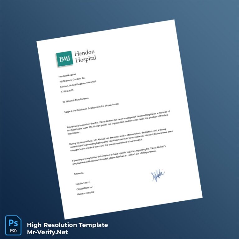 Editable United Kingdom Hendon Hospital Employment Verification Letter ...