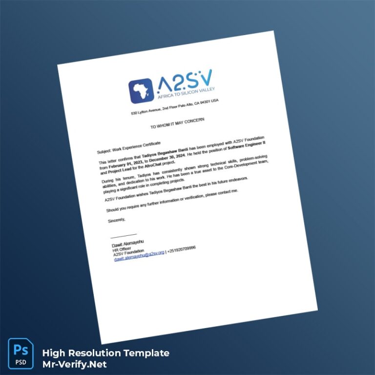 Editable United States A2SV Foundation Employment Verification Letter ...