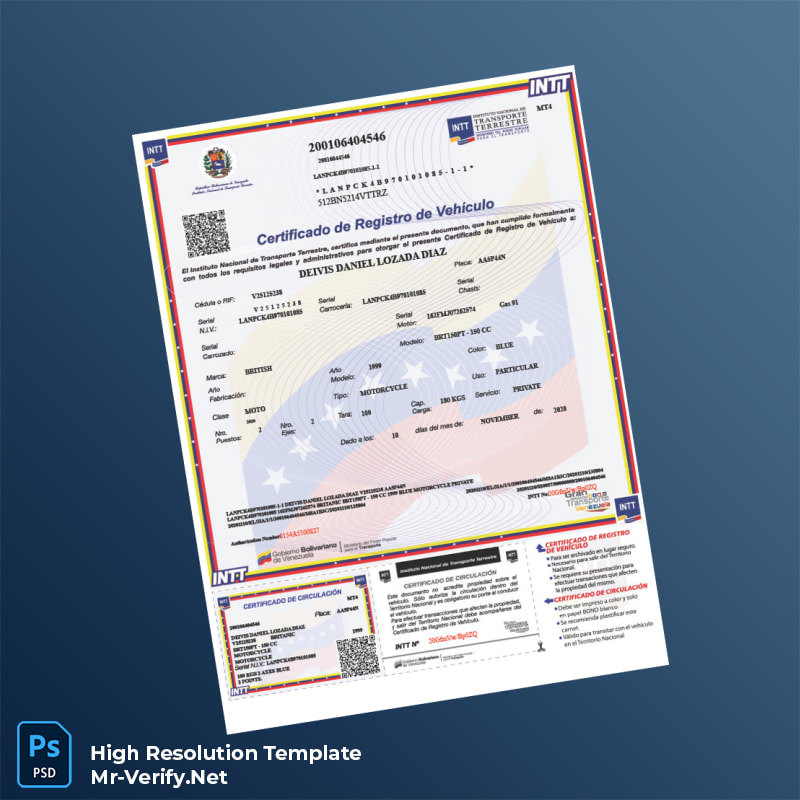 Editable Venezuela INTT Vehicle Registration Certificate Word And Pdf Template 2 Page