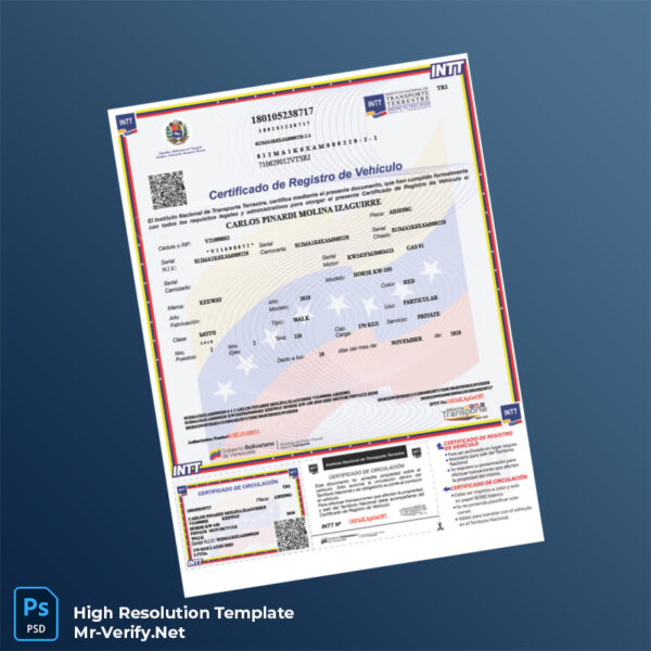 Editable Venezuela National Institute Of Land Transport Vehicle Registration Certificate Word ...