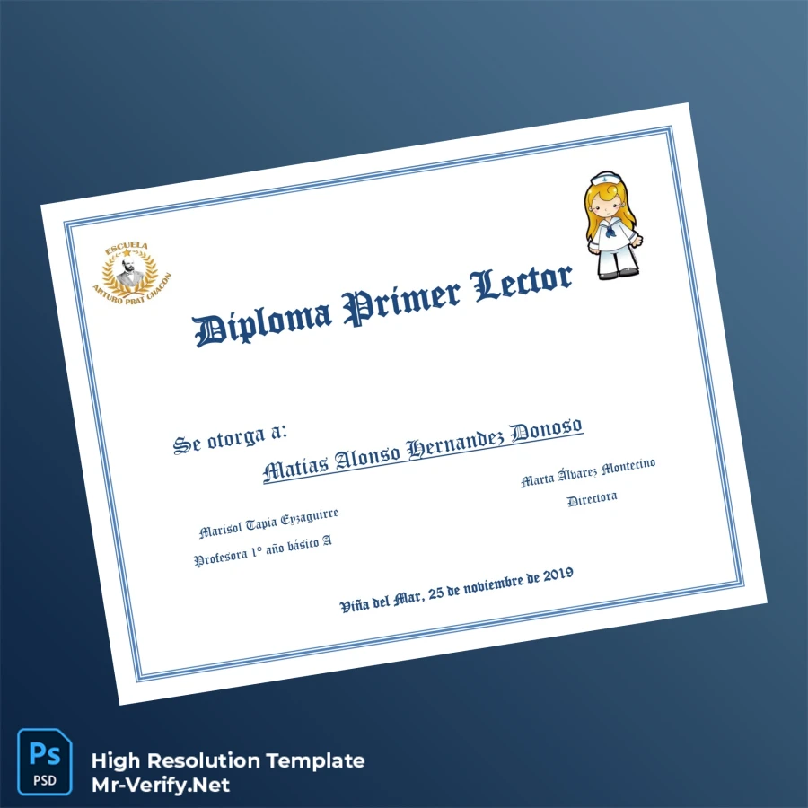 Chile Escuela Arturo Prat Chacón Primer Reader Diploma Template - Fully ...