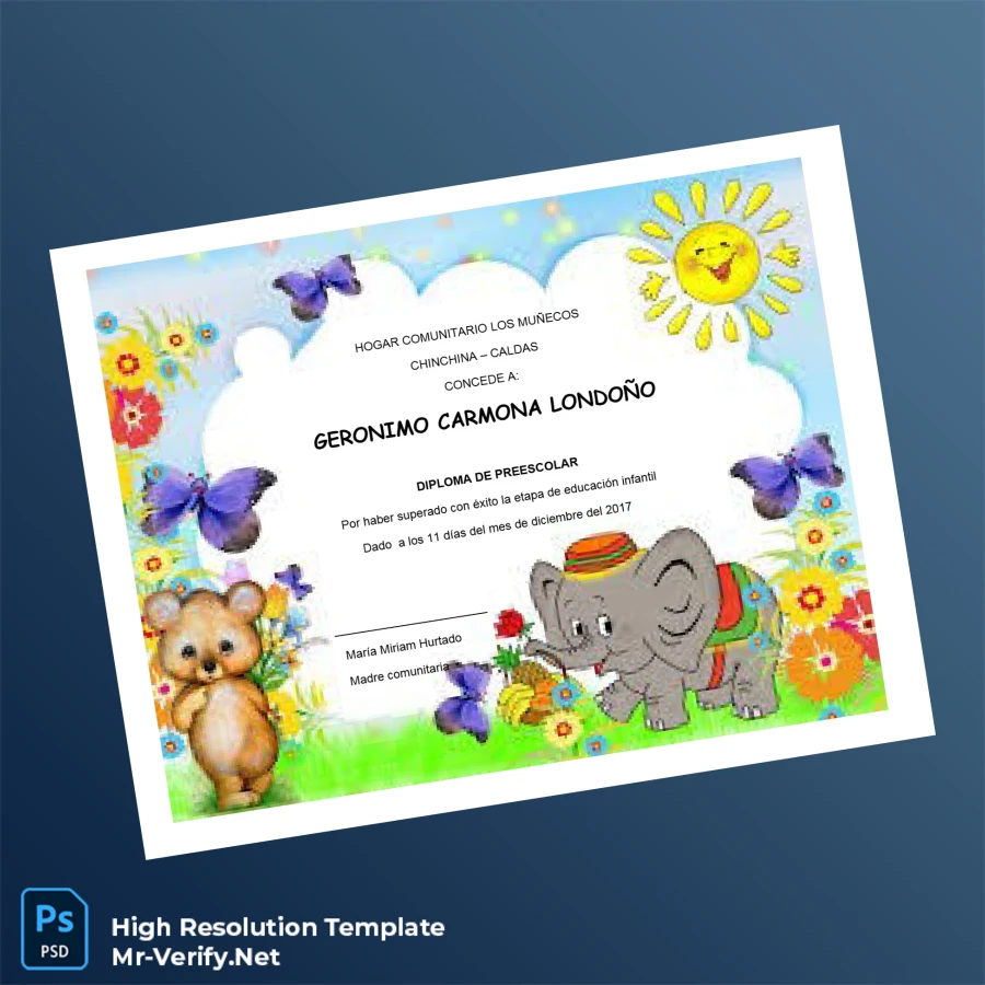 Colombia Hogar Comunitario Los Muñecos Preschool Diploma Template ...