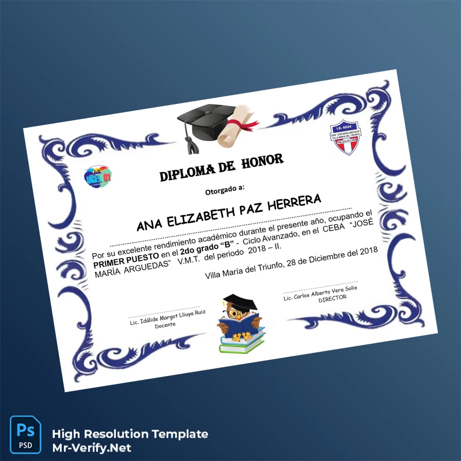 Peru José María Arguedas High School Honor Diploma Template - Fully ...